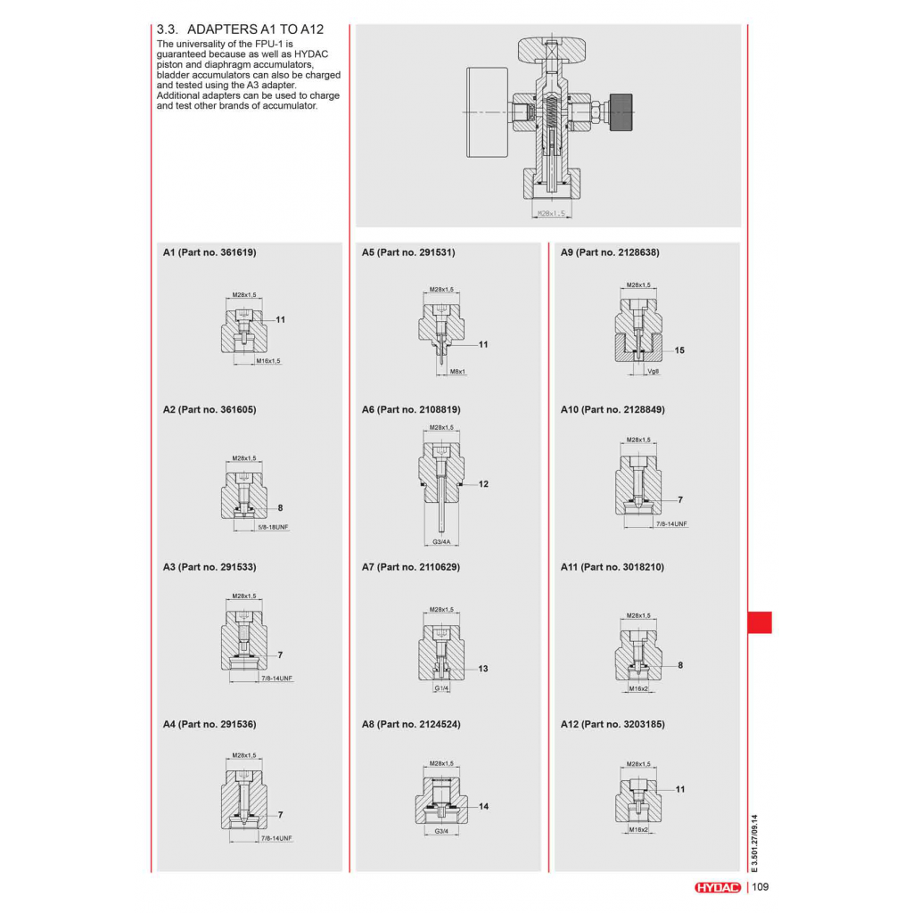 361605 HYDAC ADAPTOR FPU A2 5 8 18UNF OLAER ASSY Accumulator Charging Kit